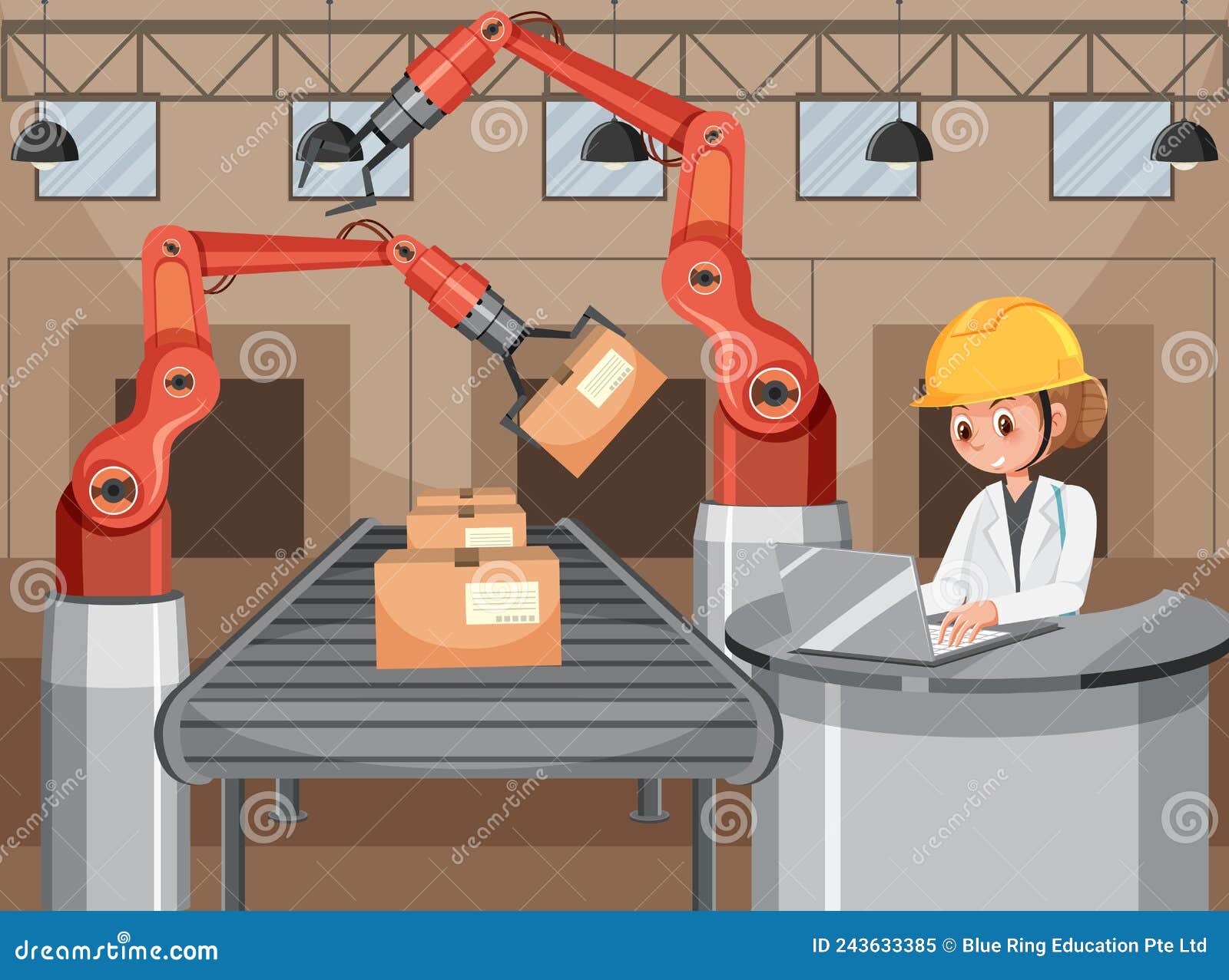 Automation Industry Concept with Assembly Line Robots Stock Vector ...