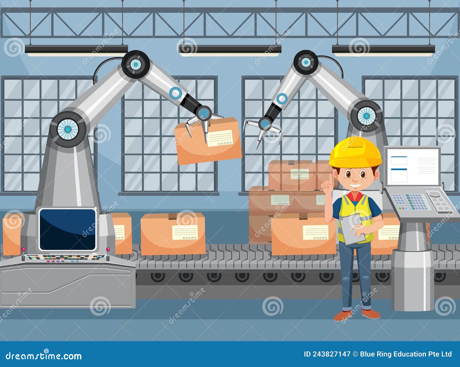 Automation Industry Concept with Assembly Line Robots Stock Vector ...