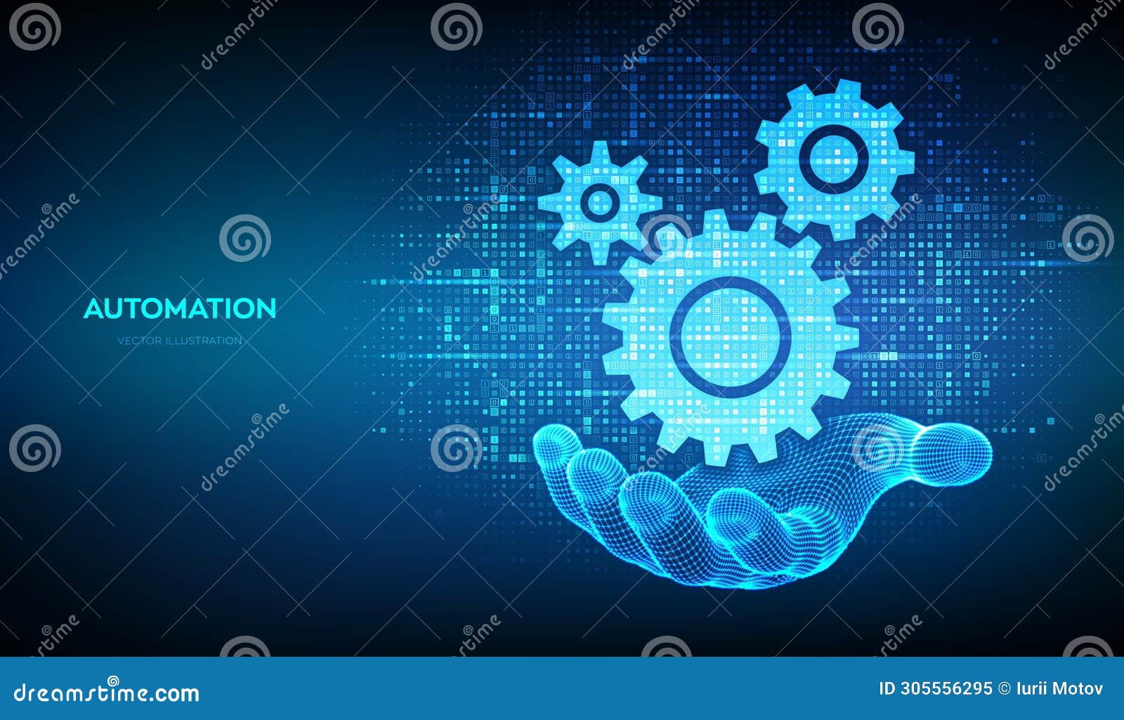 Automation and IOT Software Concept. Gears Icons Made with Binary Code in Wireframe Hand Stock ...