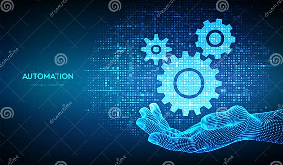 Automation and IOT Software Concept. Gears Icons Made with Binary Code in Wireframe Hand Stock ...