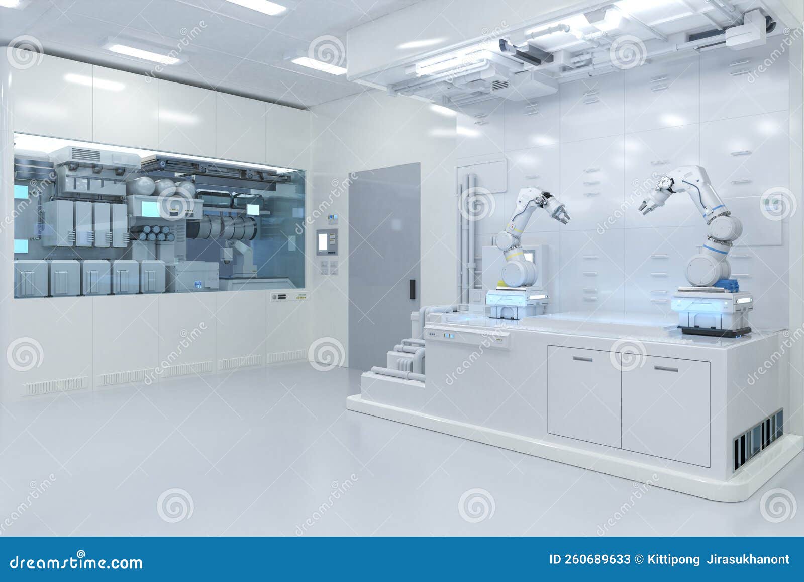 Automation Laboratory With Robotic Arms In White Futuristic Laboratory
