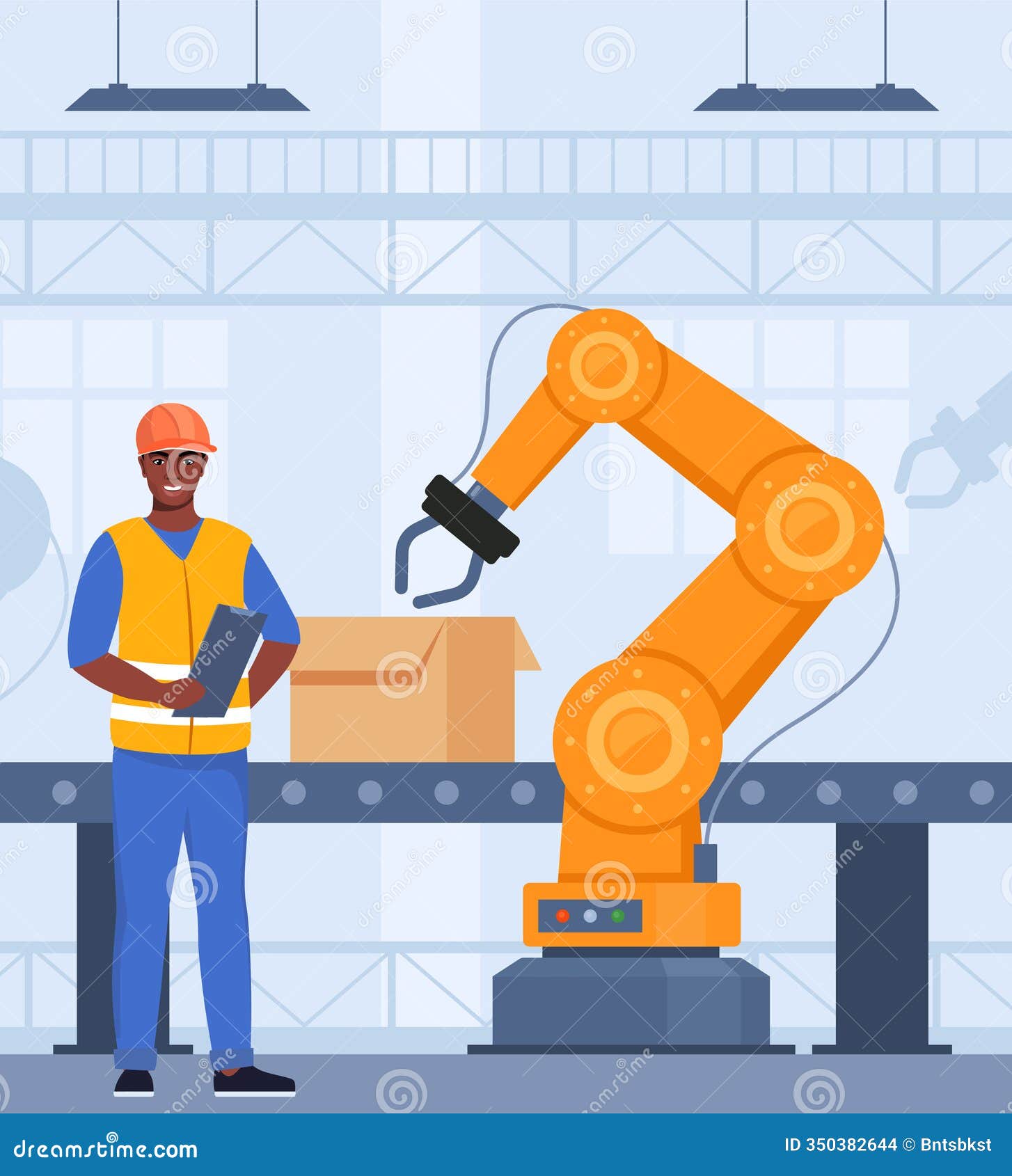 Automation Production Line with Robot Technologies. Black Man Engineer ...