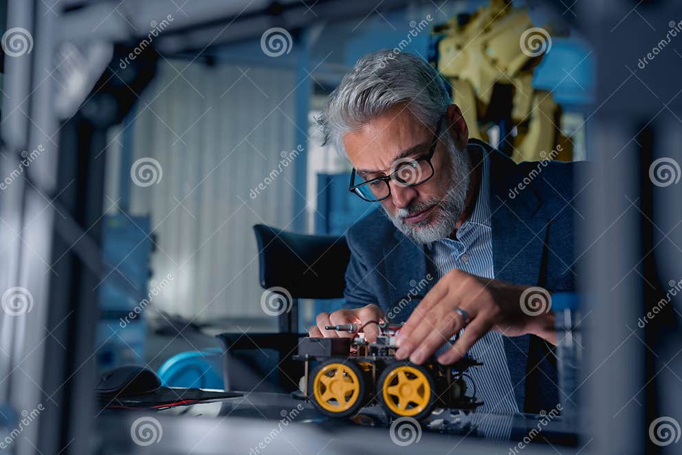 Automation, Robotics Engineer Assembling Robotic Car Prototype for Delivery, Warehouse. Concept ...