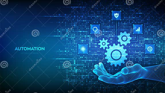 Automation Software. Gears Icon Made with Binary Code in Hand. IOT and Automation Icons ...