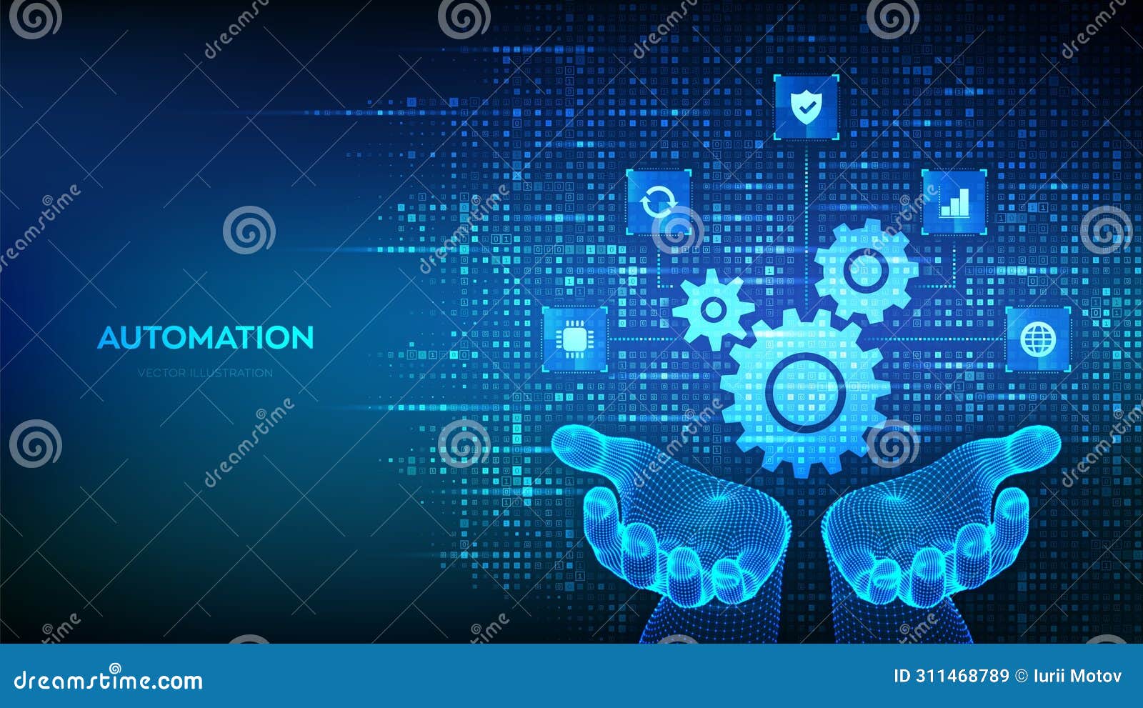 Automation Software Gears Icon Made With Binary Code In Hands Iot And Automation Icons