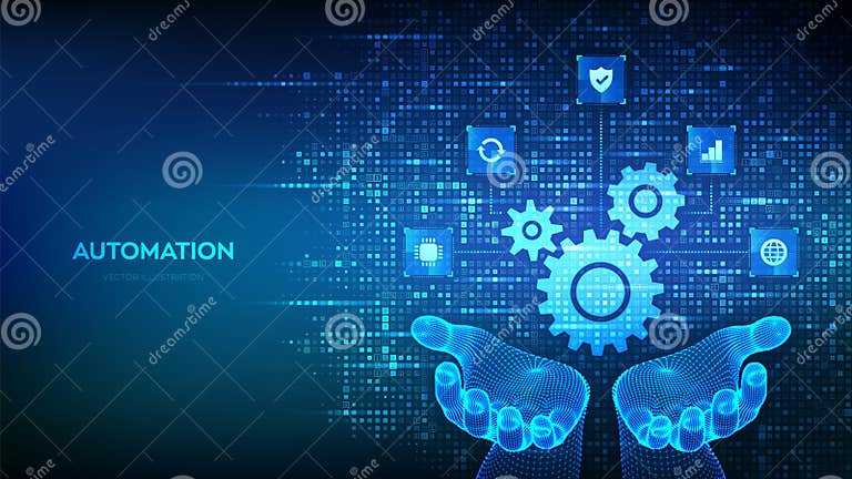 Automation Software Gears Icon Made With Binary Code In Hands Iot And Automation Icons
