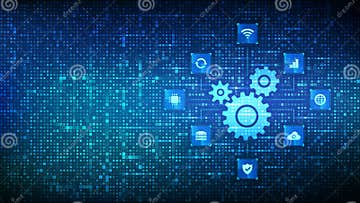Automation Software. Gears Icon Made with Binary Code. IOT and Automation Icons Connections ...