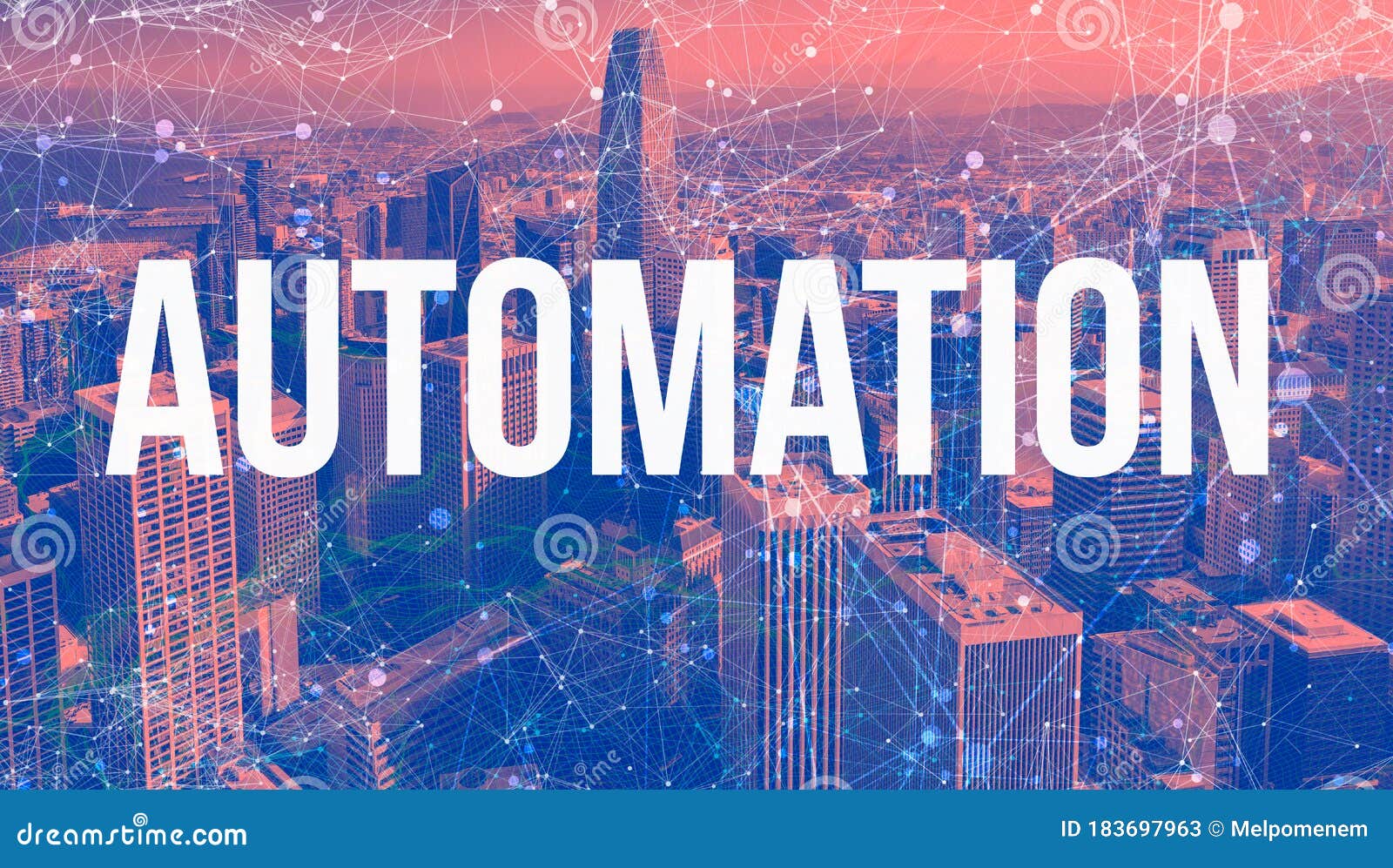 Automation Theme with Abstract Network Patterns and Skyscrapers Stock ...