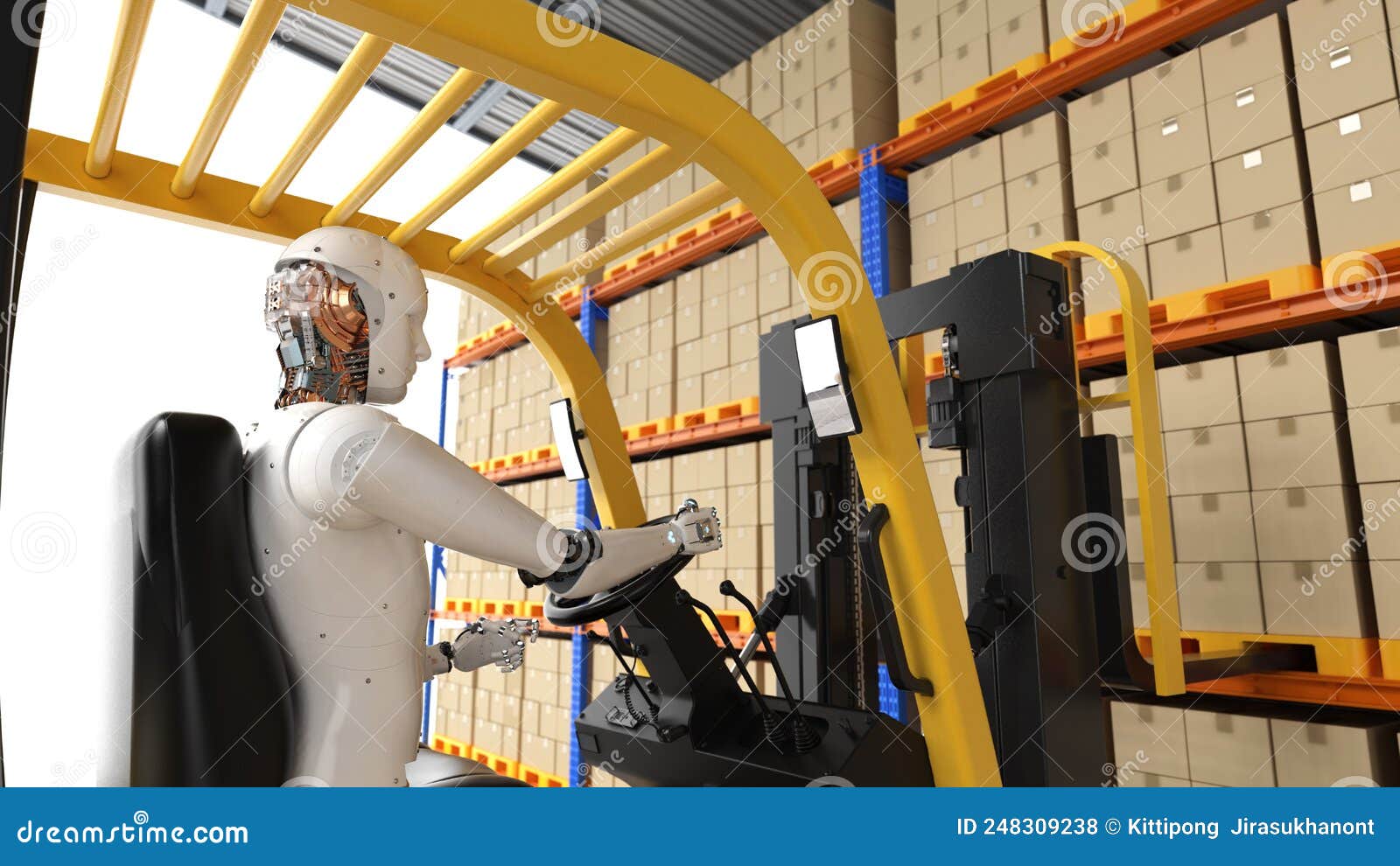 Automation Warehouse with Robot Driving Forklift Stock Illustration ...