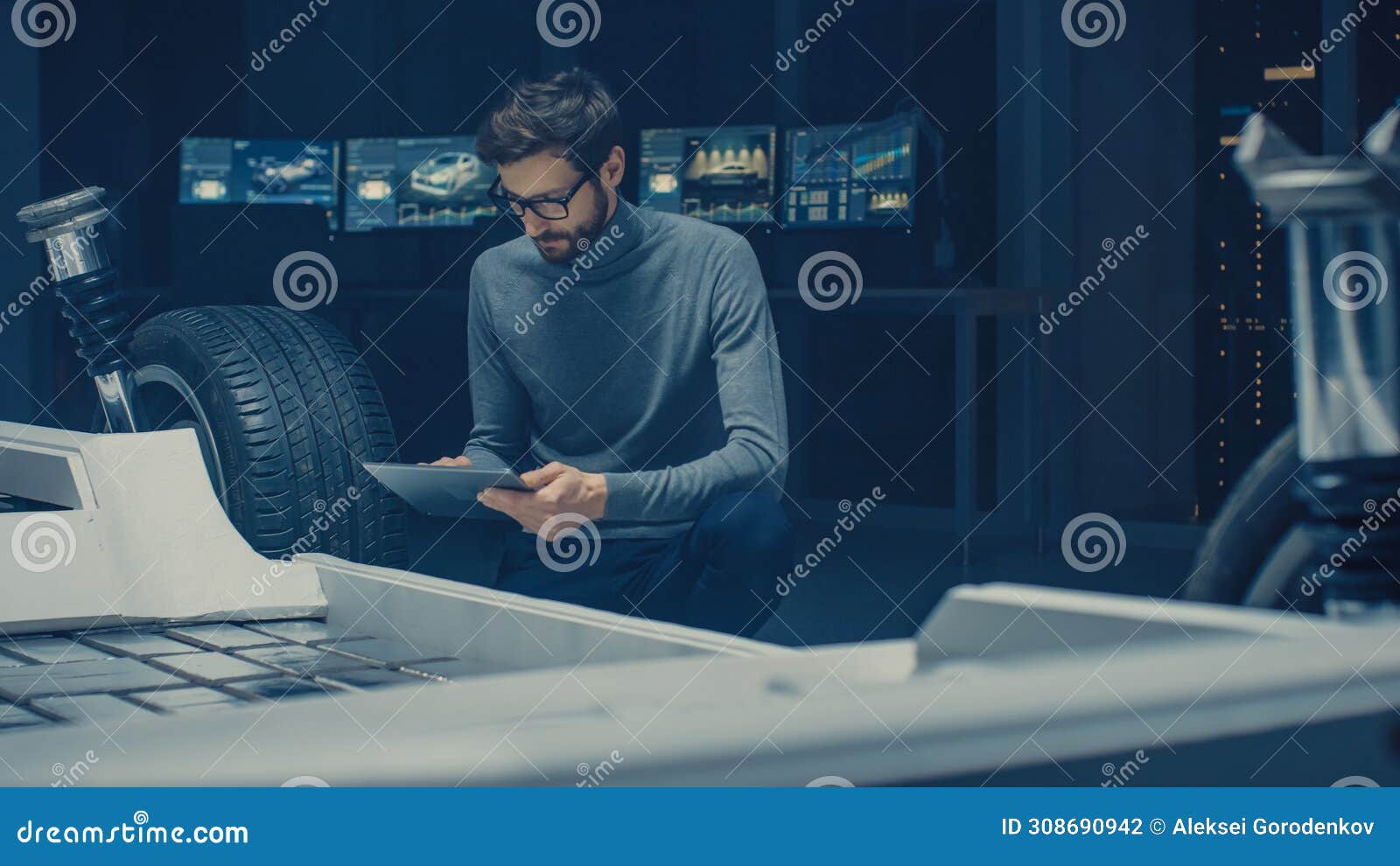 Automobile Design Engineer Sitting beside Hybrid Electric Car Chassis ...