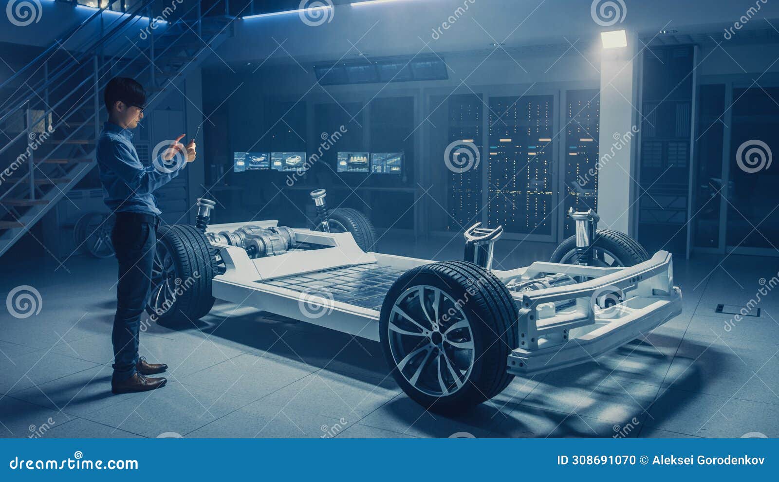 Automobile Engineer Working on Electric Car Chassis Platform, Using ...