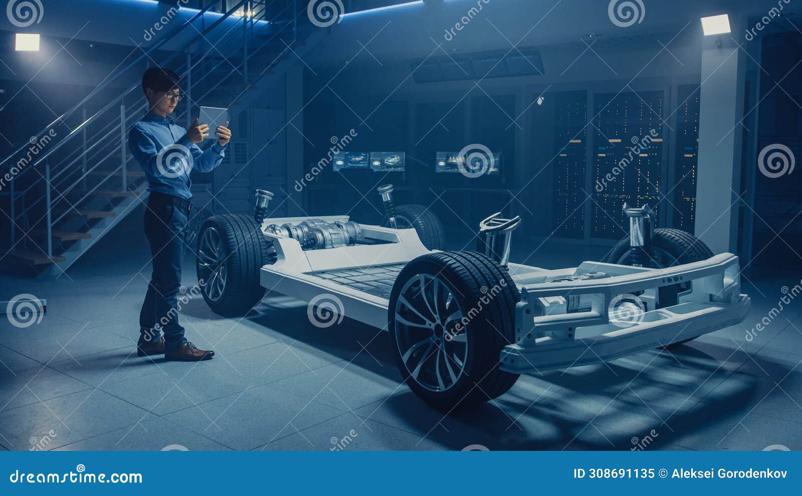 Automobile Engineer Working on Electric Car Chassis Platform, Using ...
