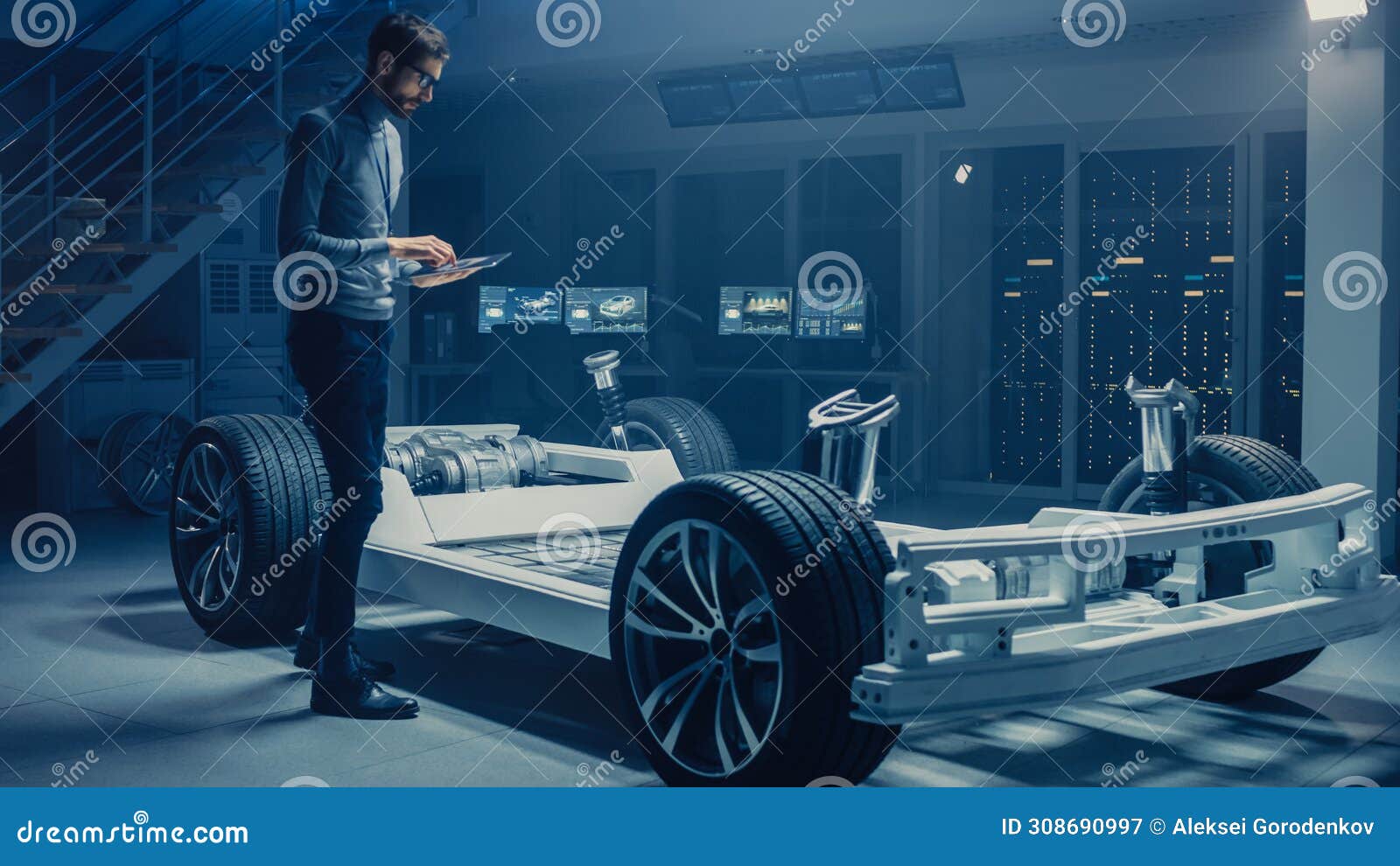 Automobile Engineer Working on Electric Car Platform Chassis Prototype ...