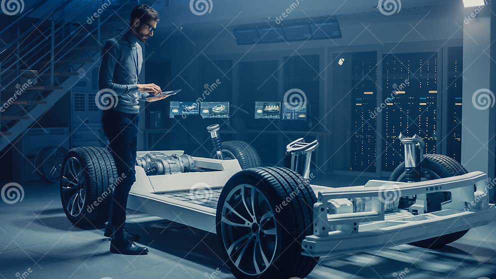 Automobile Engineer Working on Electric Car Platform Chassis Prototype ...