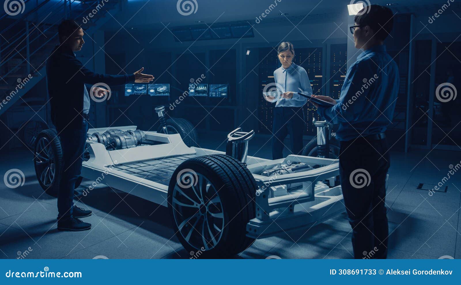 Automobile Engineers Designing Electric Car Platform Chassis, Using ...