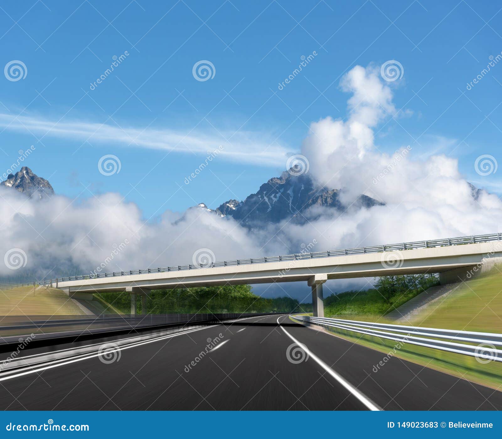 Automobile Highway on the Background of Mountains and a Bridge Over the ...