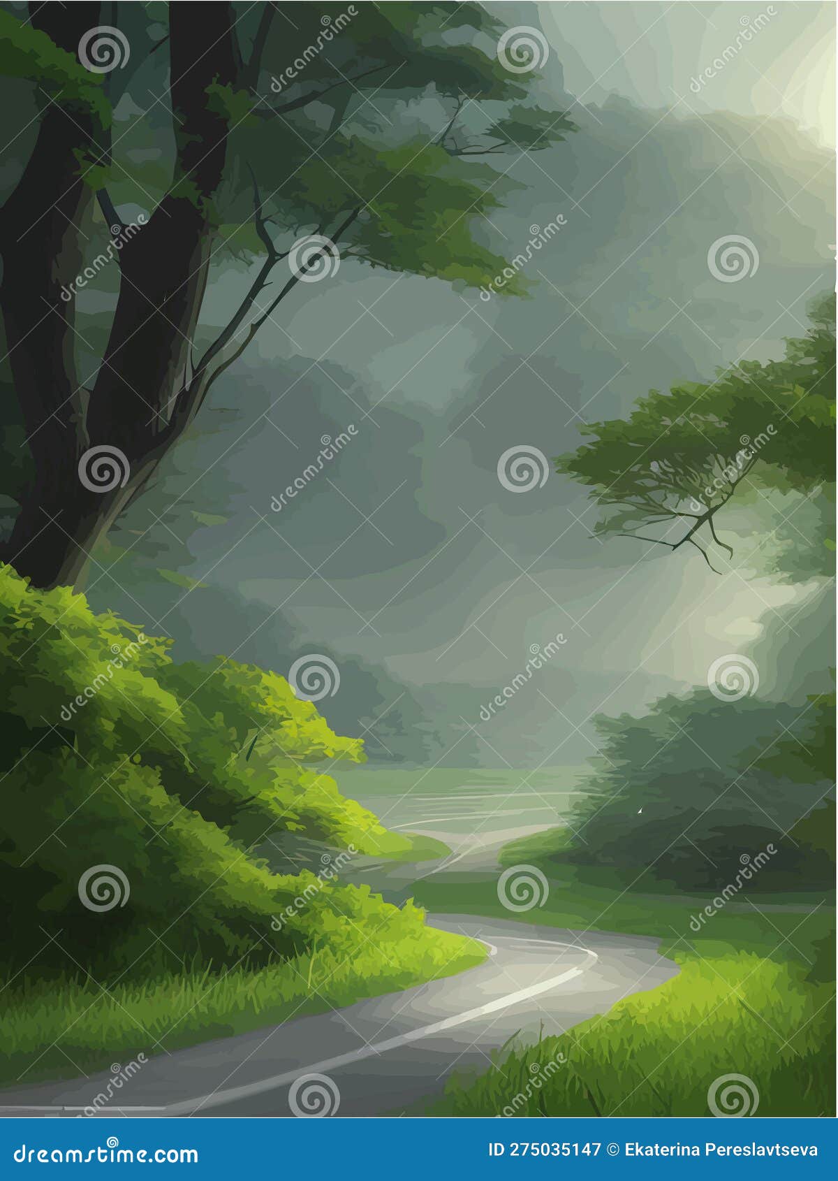 Automobile Road through Spring Forest. Vector Illustration of ...