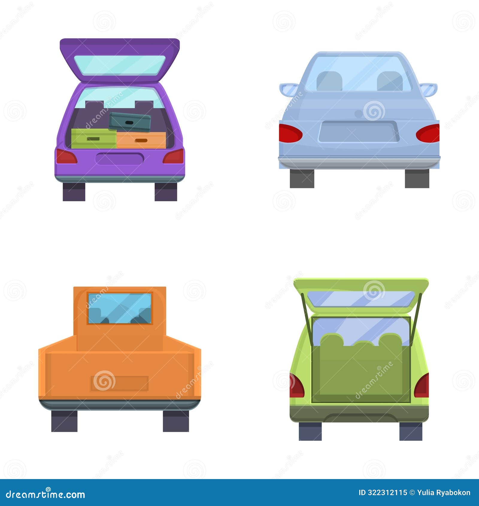 Automobile Trunk Icons Set Cartoon Vector. Various Minivan with Open ...