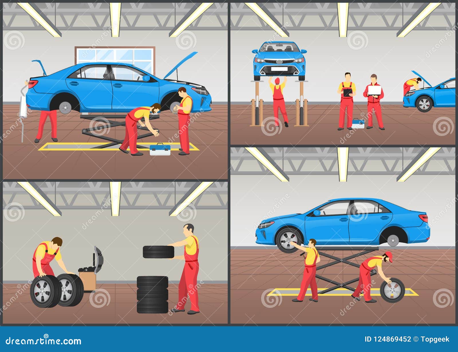 Set Of Automobile Workshop Vector Illustrations | CartoonDealer.com ...