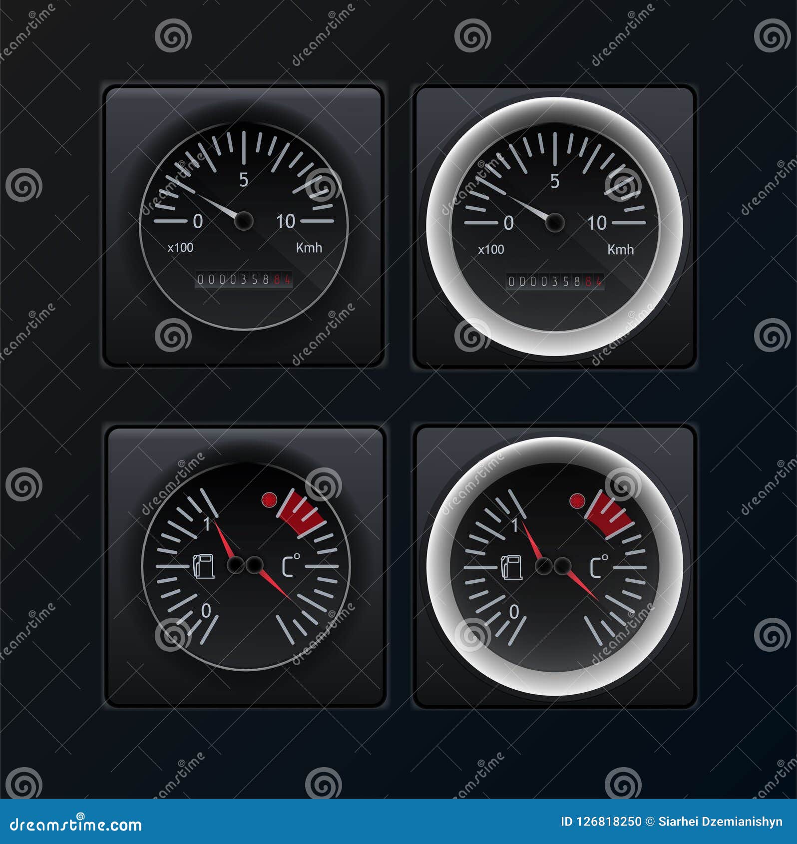 Automotive or Aviation Instrument Panel Instruments, on a Dark ...
