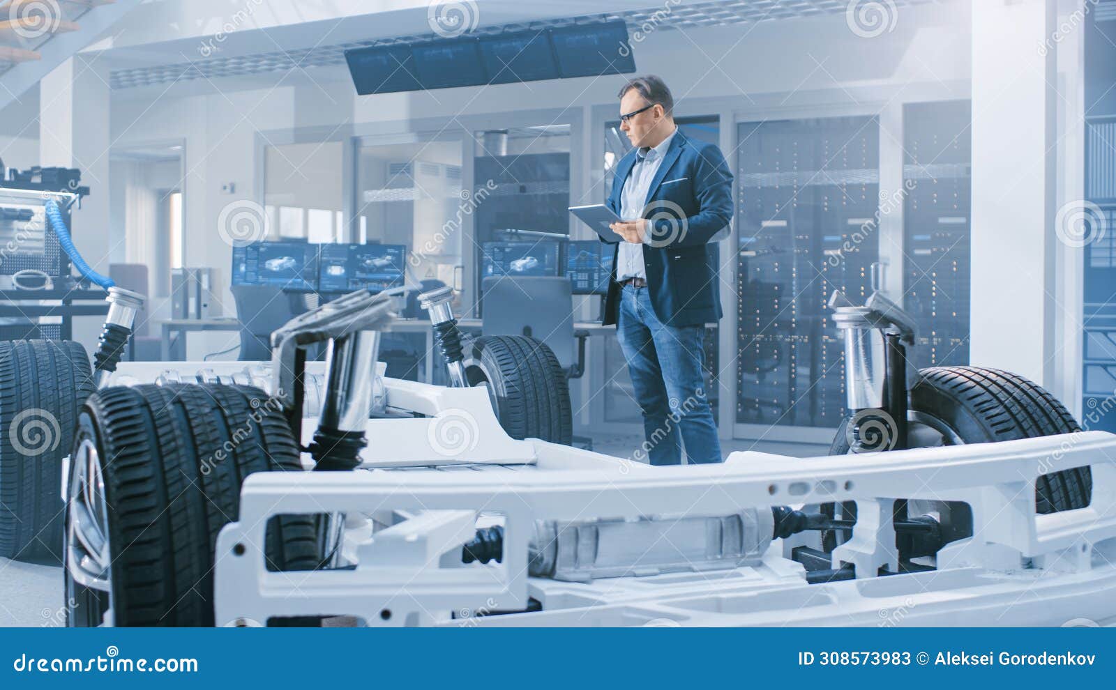 Automotive Design Engineer Looking at Technical Drawing of an Electric ...