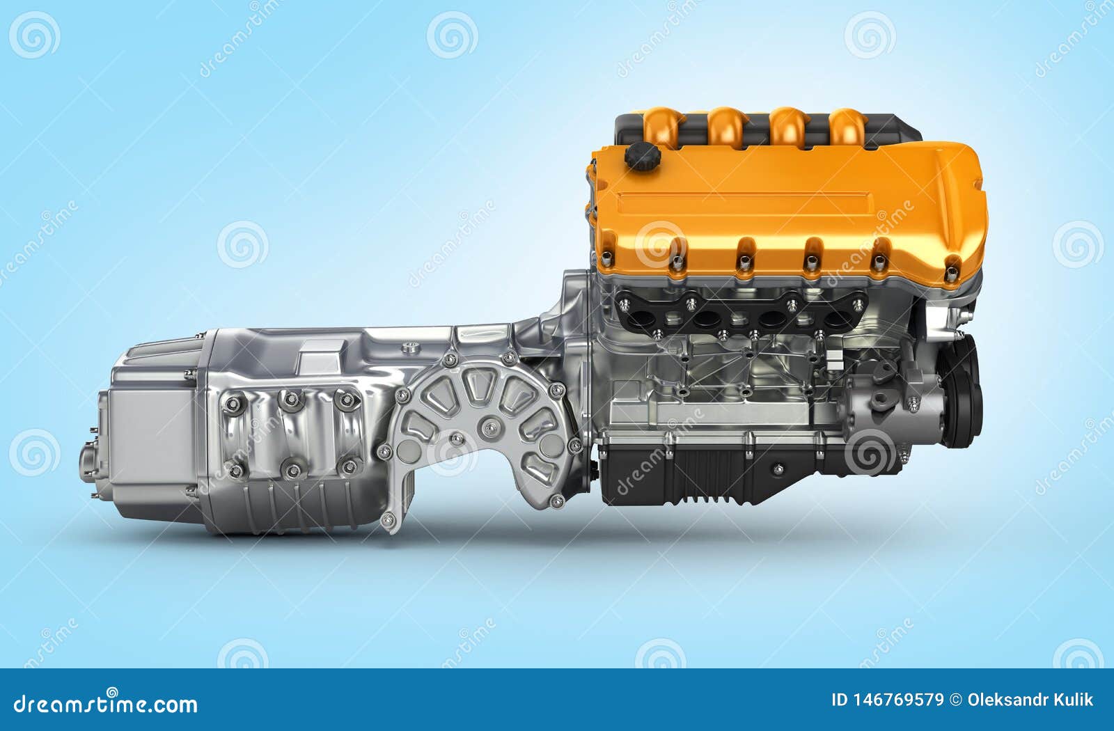 Automotive Engine Gearbox Assembly Side View on Blue Gradient ...