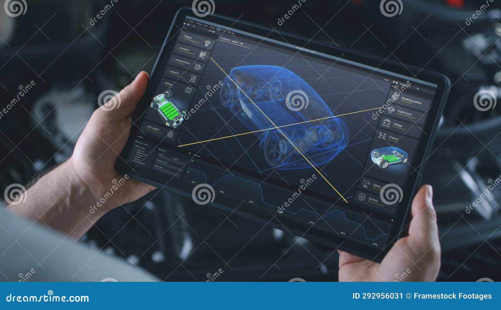 Engineer Holds Tablet with Simulation of Car Diagnostics Displayed on ...