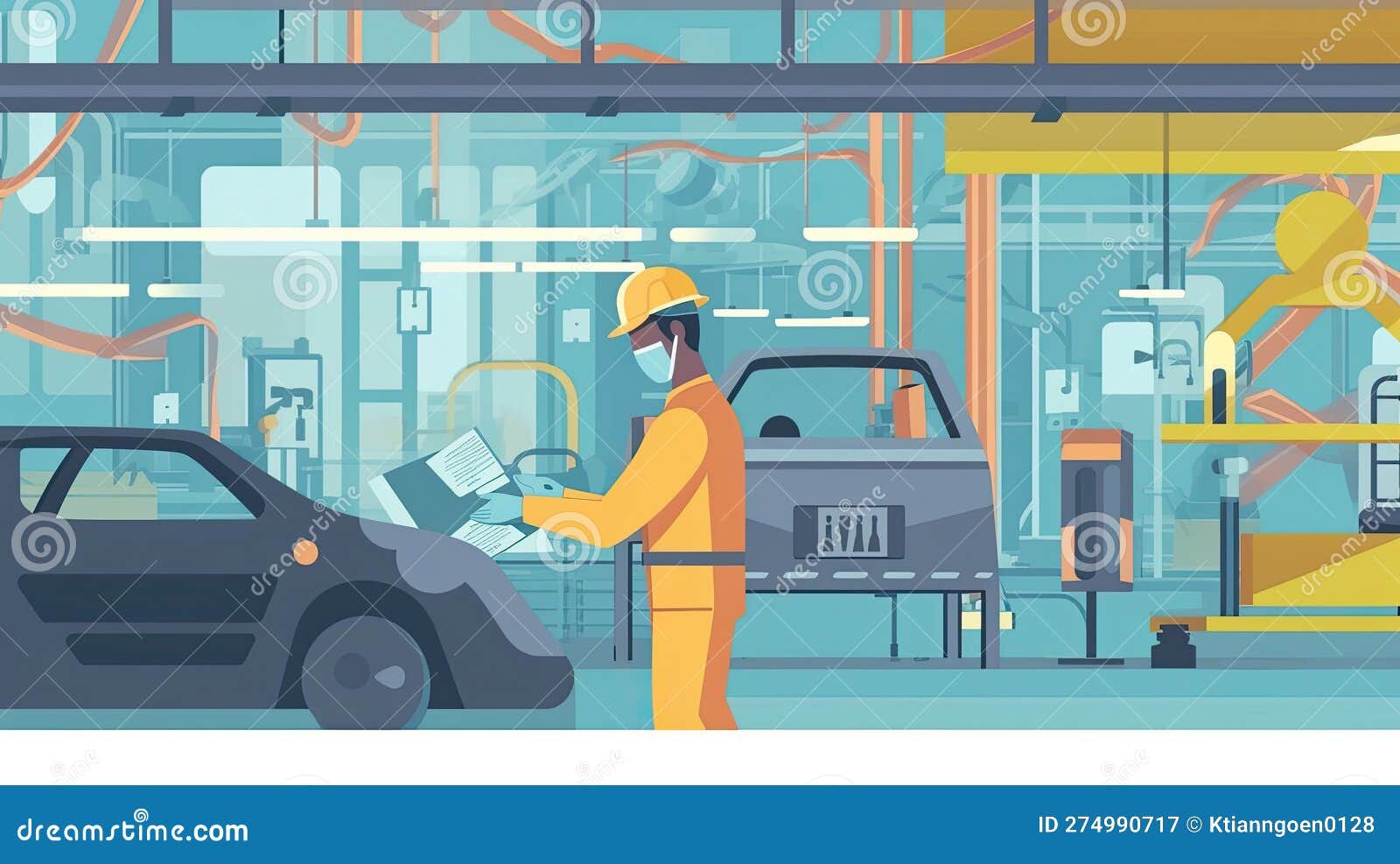 Automotive Engineer Working on a Production Line, Overseeing the ...