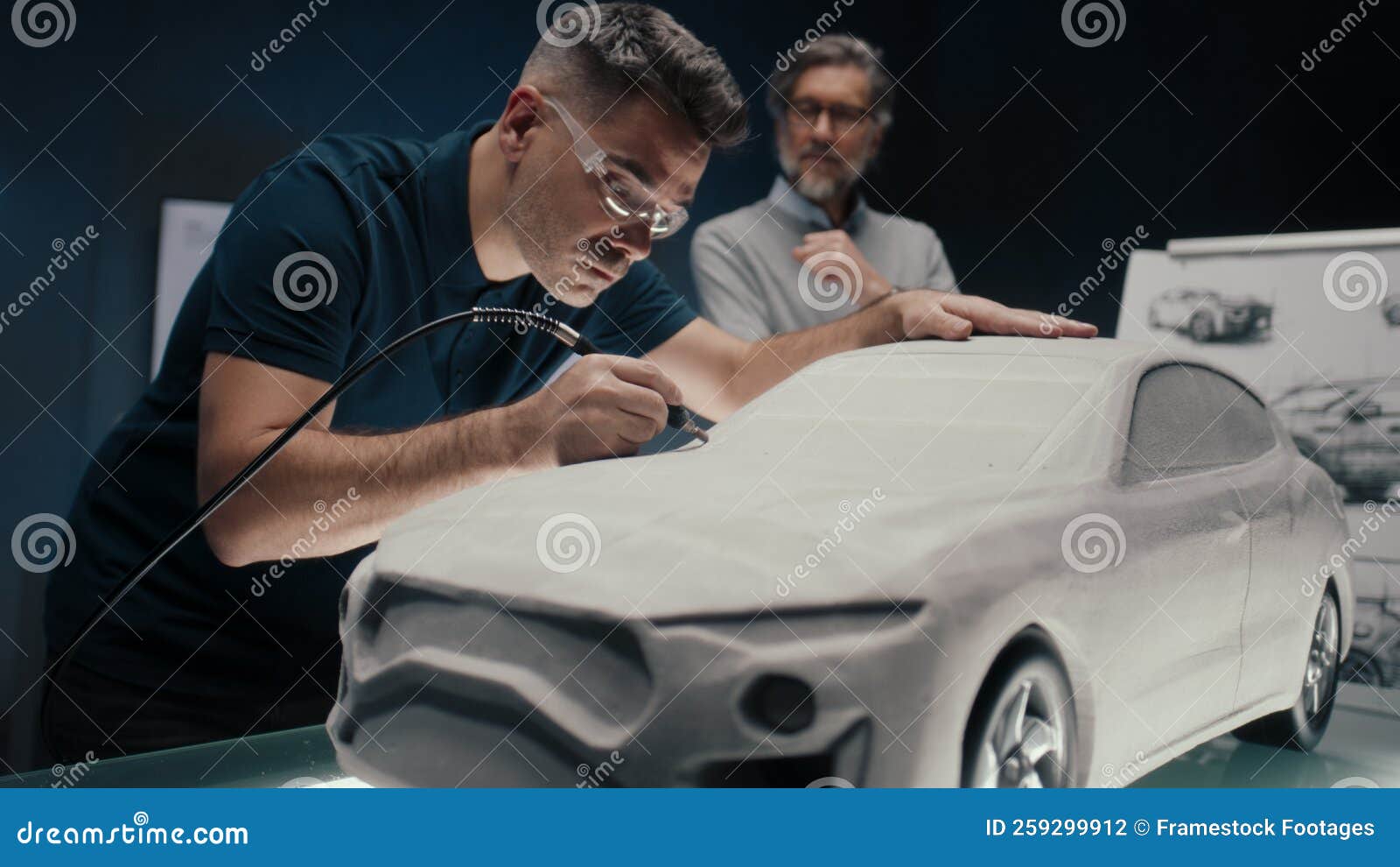 Automotive Engineer Works on Sculpture of a Car while Discussing with ...