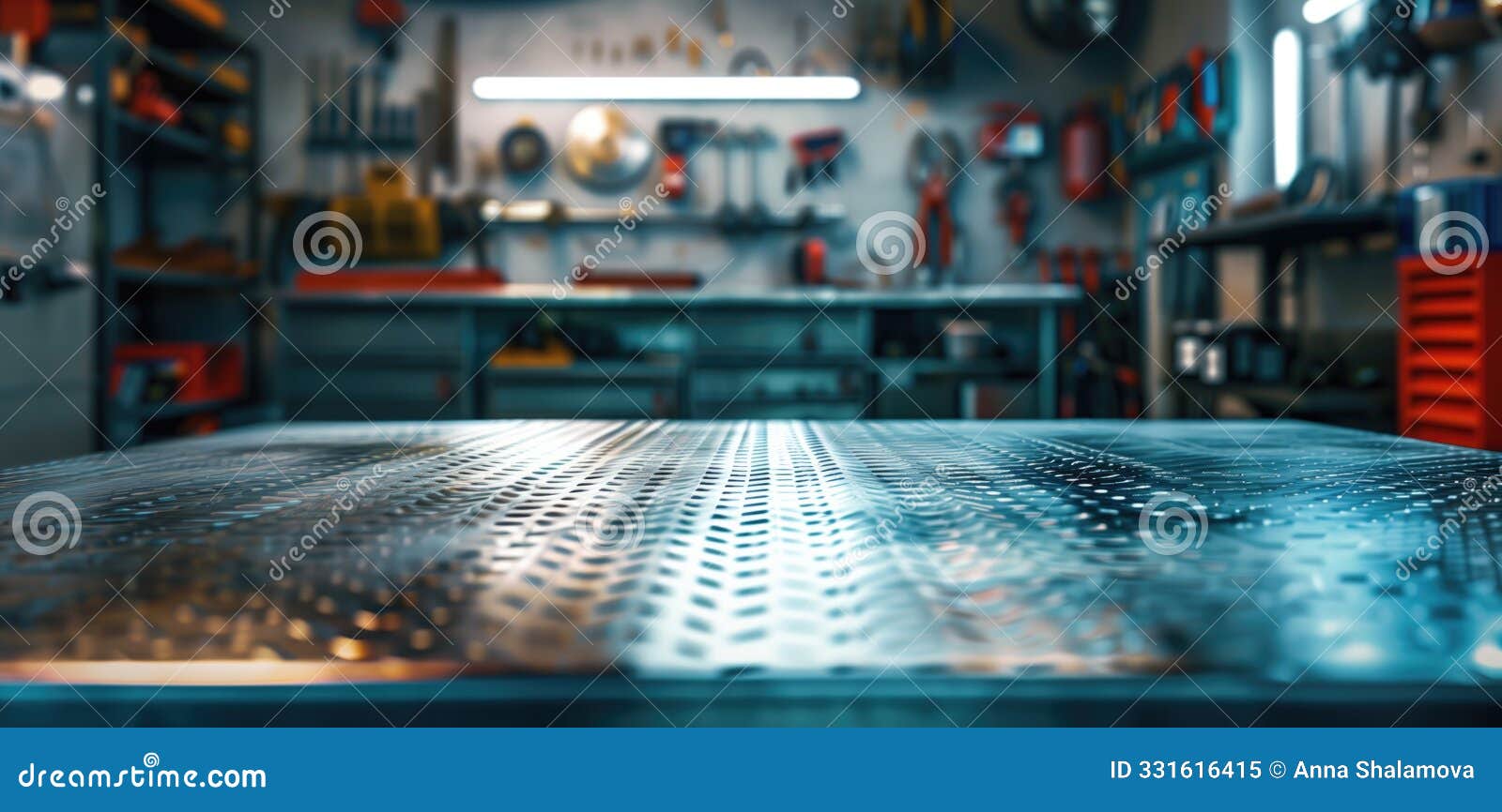 Automotive Workshop with Metal Workbench and Various Tools on Shelves ...