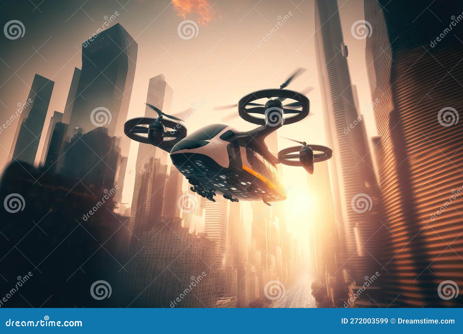 Autonomous Aerial Vehicle Flying through the City, Stock Illustration ...