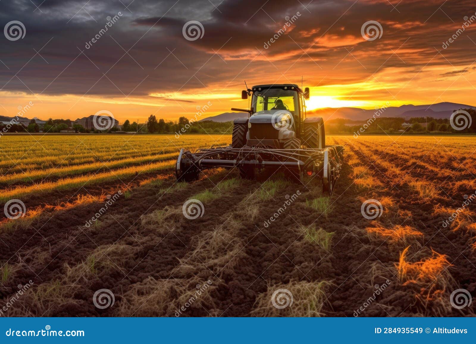 Autonomous Agricultural Machinery Tilling Fields at Sunset Stock Image ...