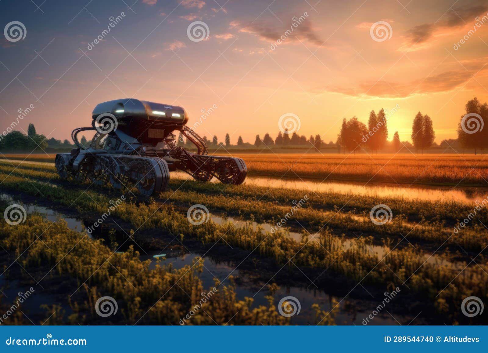 Autonomous Agricultural Machinery Tilling Fields at Sunset Stock Photo ...
