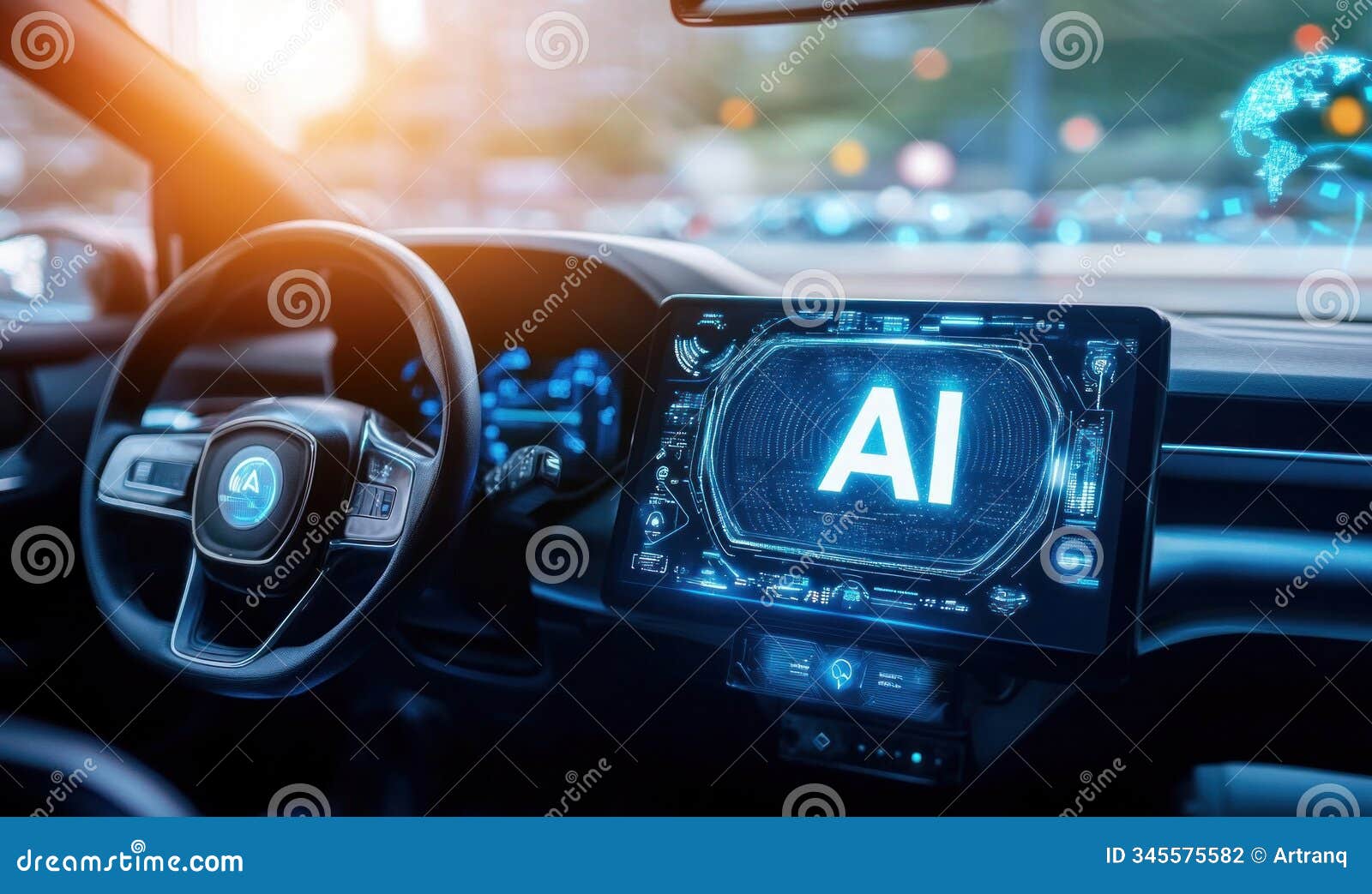 Autonomous AI Car Interior with Futuristic Dashboard Display Stock ...