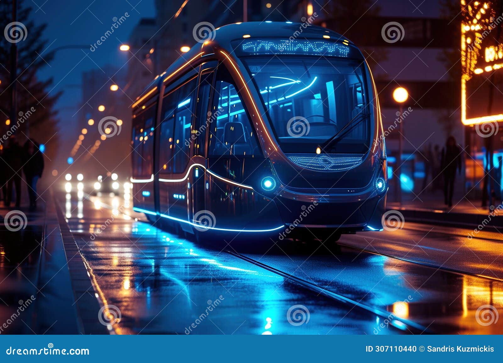 Autonomous AI-driven Bus on City Street at Night. Generative AI Stock ...