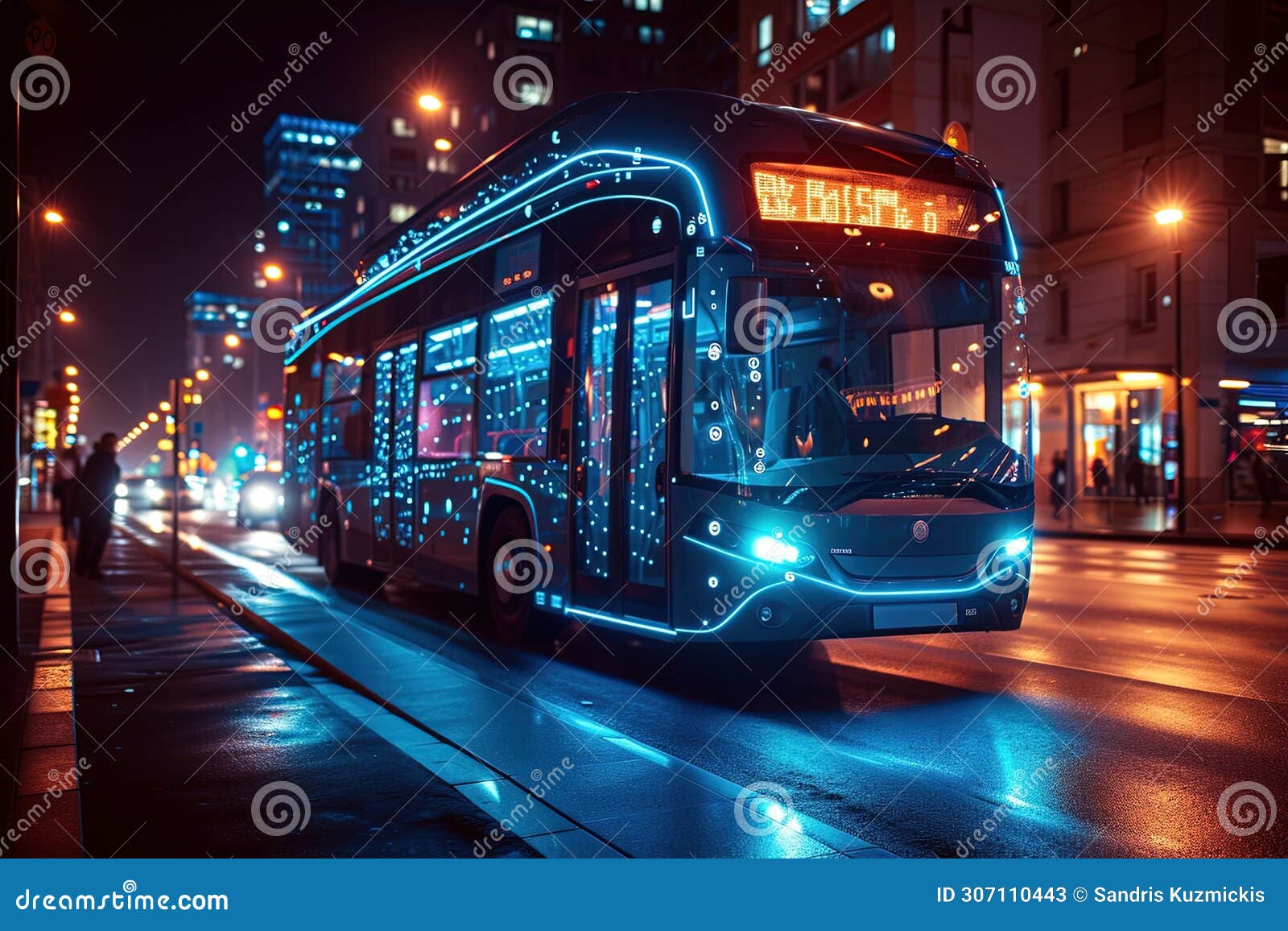 Autonomous AI-driven Bus on City Street at Night. Generative AI Stock ...