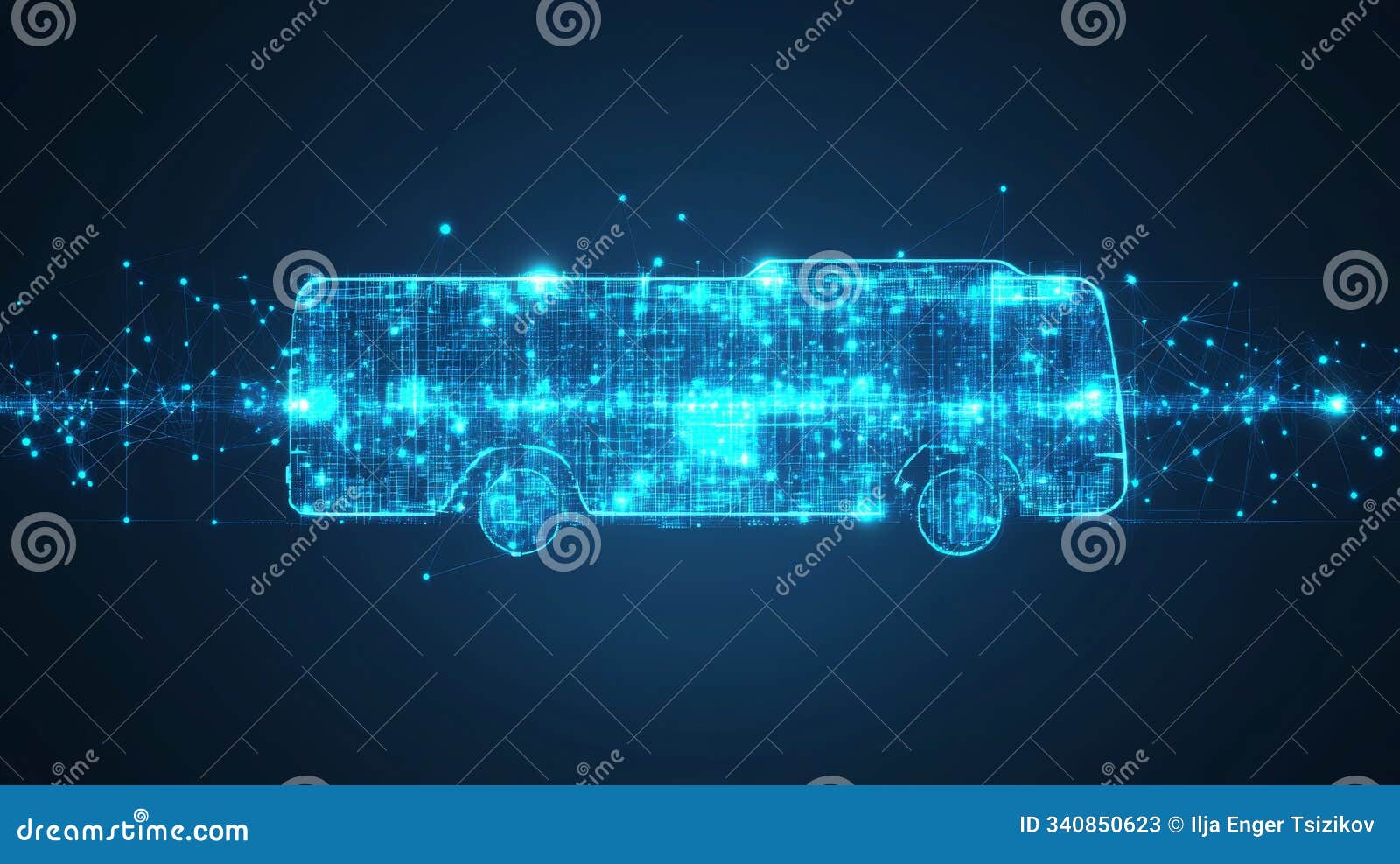 Autonomous Bus Transportation Concept. Glowing Blue Digital Outline of ...