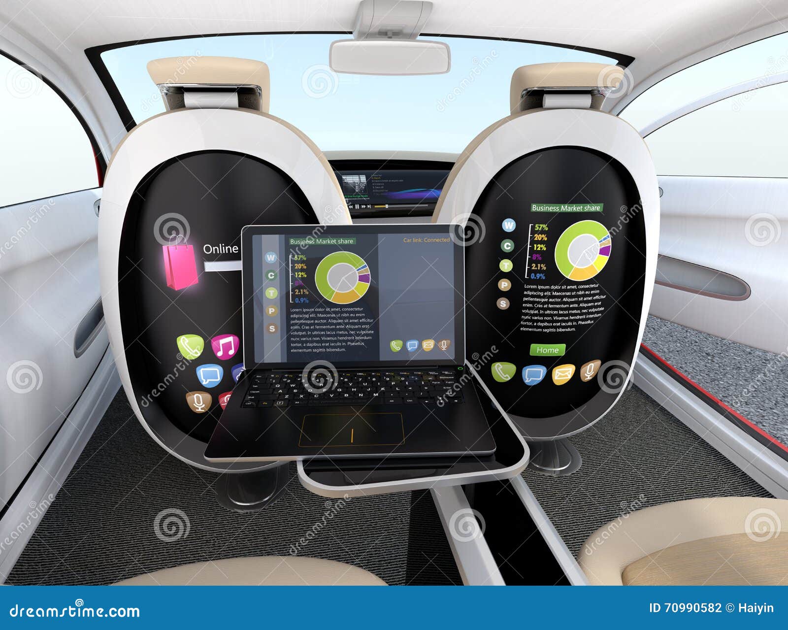 Autonomous Car Interior Concept. Screen of the Seat and Laptop Showing ...