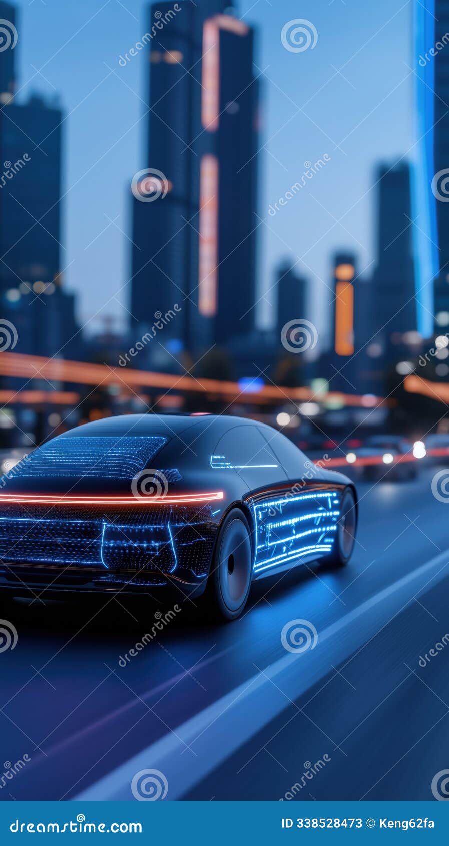Autonomous Car on Road with Glowing Lights in Cityscape Stock ...