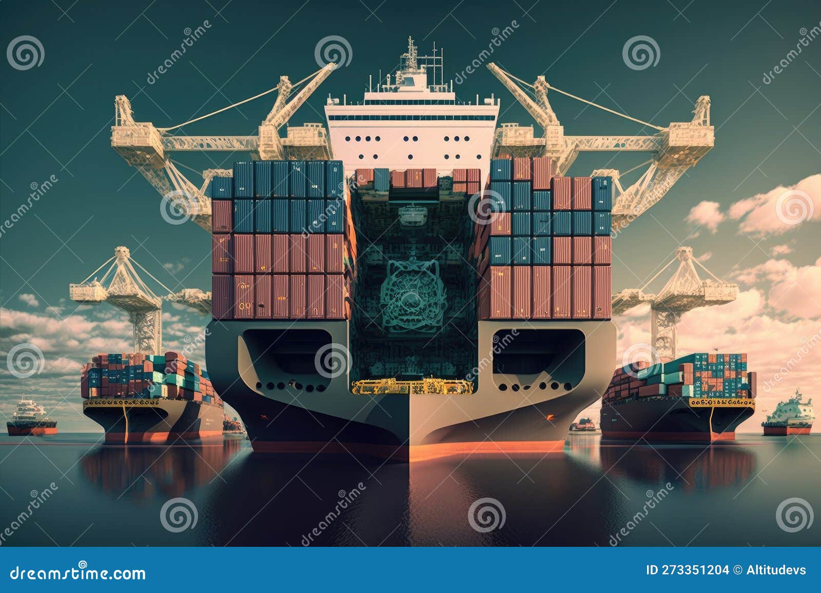 Autonomous Cargo Ship Docking at Port, with Containers Being Unloaded ...