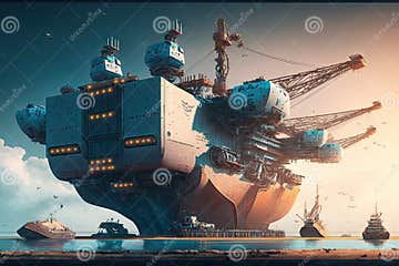 Autonomous Cargo Ship Docks at Futuristic Seaport, with Robotic Cranes ...