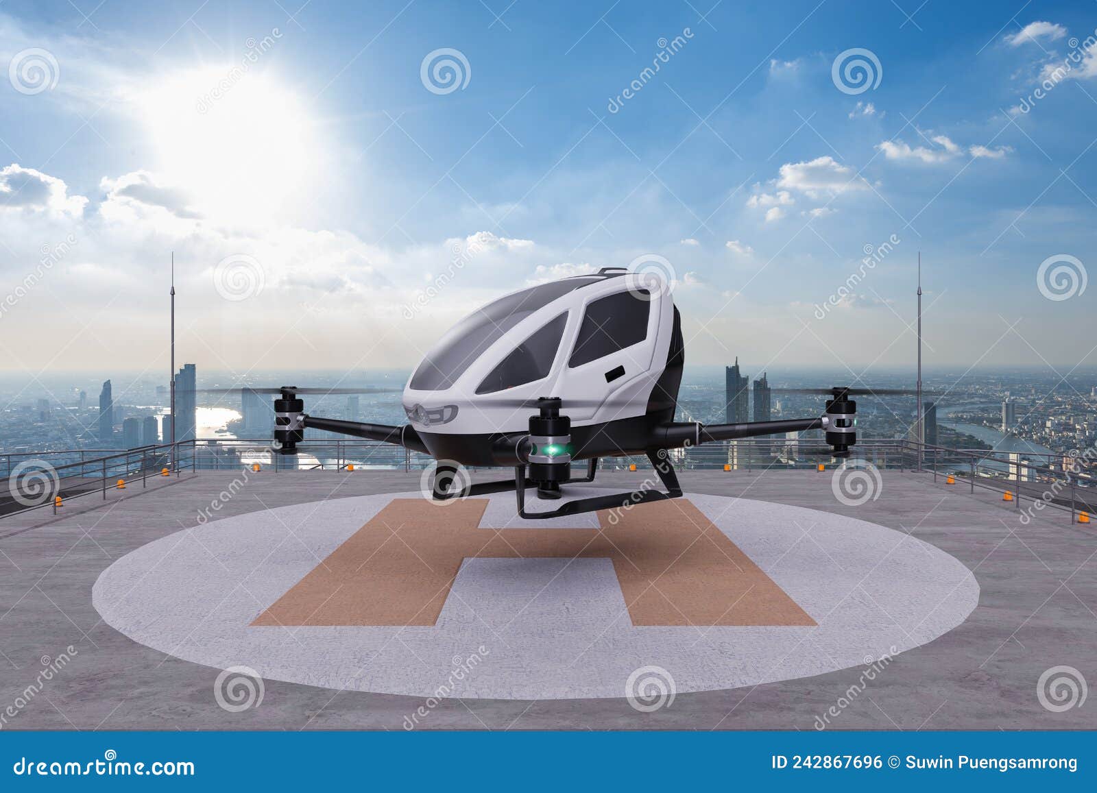 Autonomous Driverless Aerial Vehicle Takeoff on Building Rooftop, 3d ...