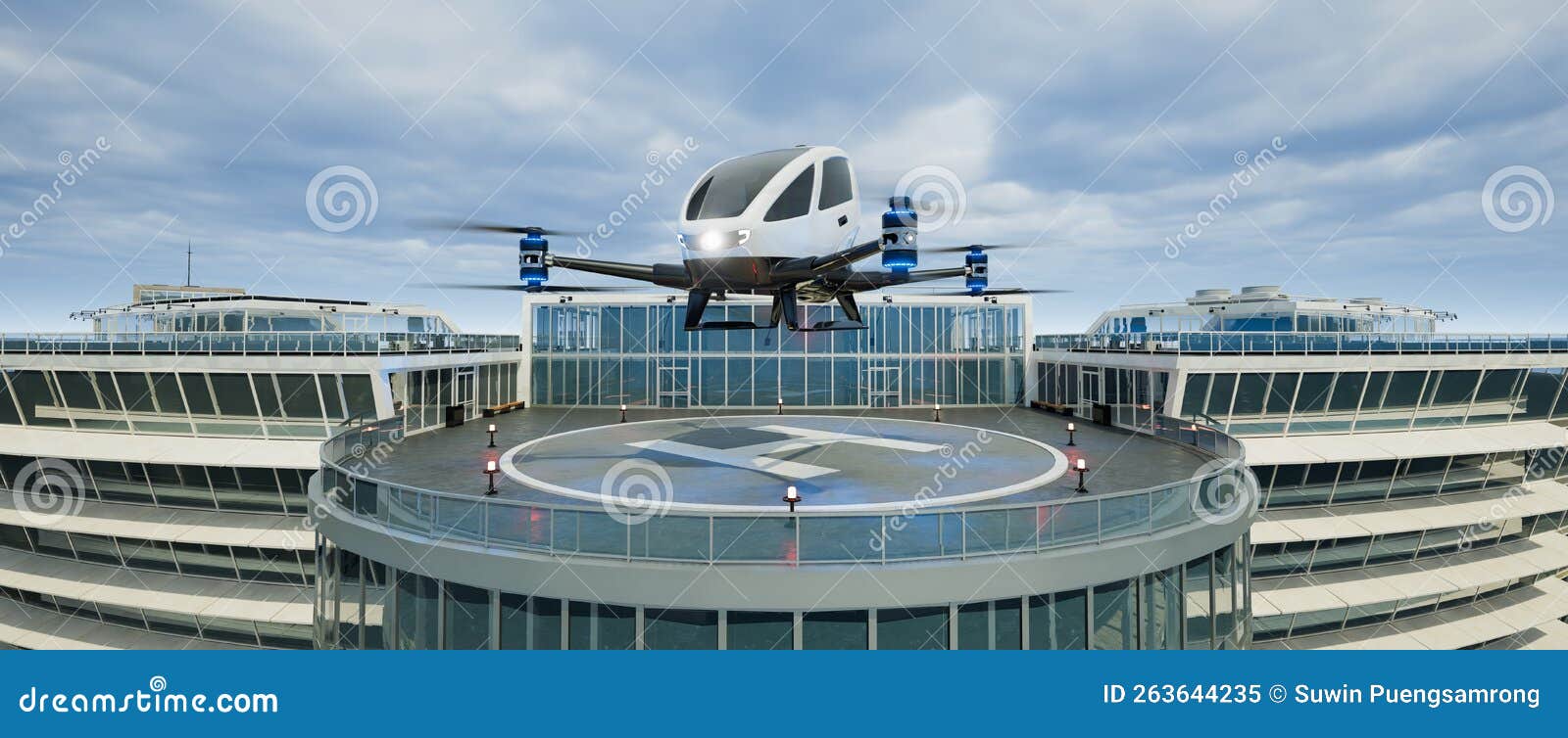 Autonomous Driverless Aerial Vehicle Takeoff on Rooftop, 3d Render ...