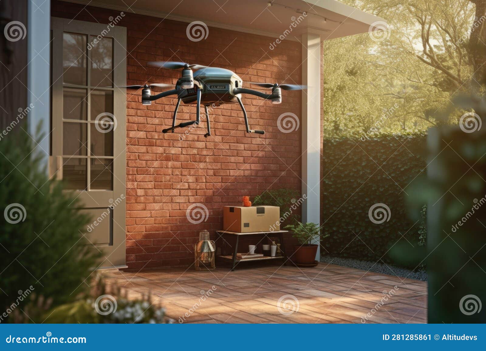 Autonomous Drone Delivering Package To Doorstep Stock Image - Image of ...