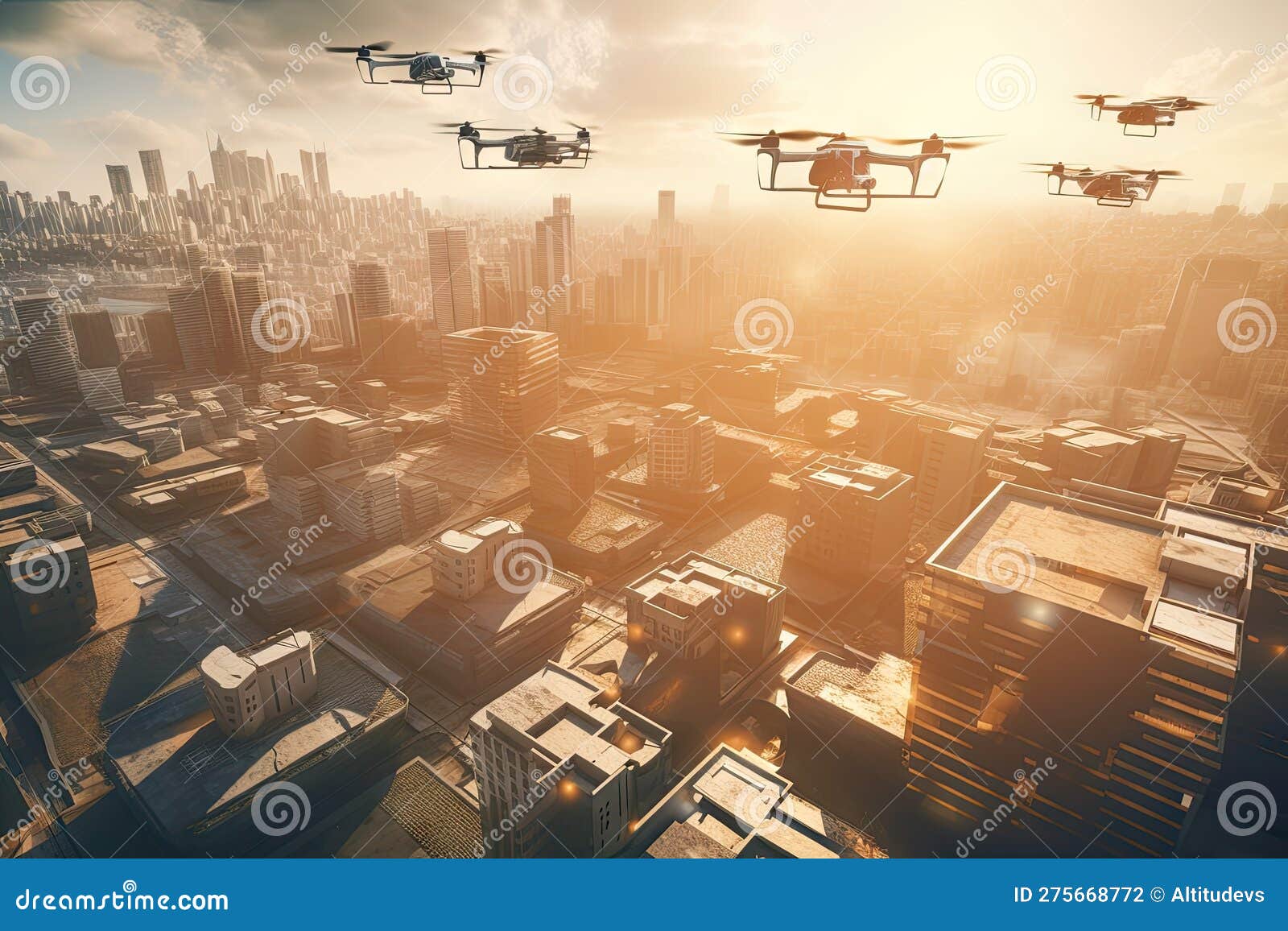 Autonomous Drones Transporting Cargo in Busy Cityscape Stock Photo ...