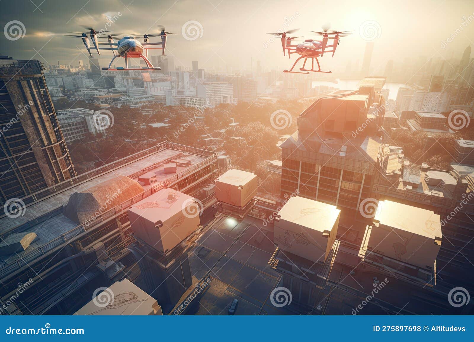 Autonomous Drones Transporting Cargo in Busy Cityscape Stock ...