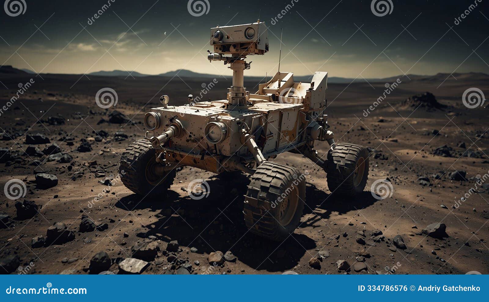 Autonomous Mars Rover Navigating Rocky Martian Terrain Under a Starry ...