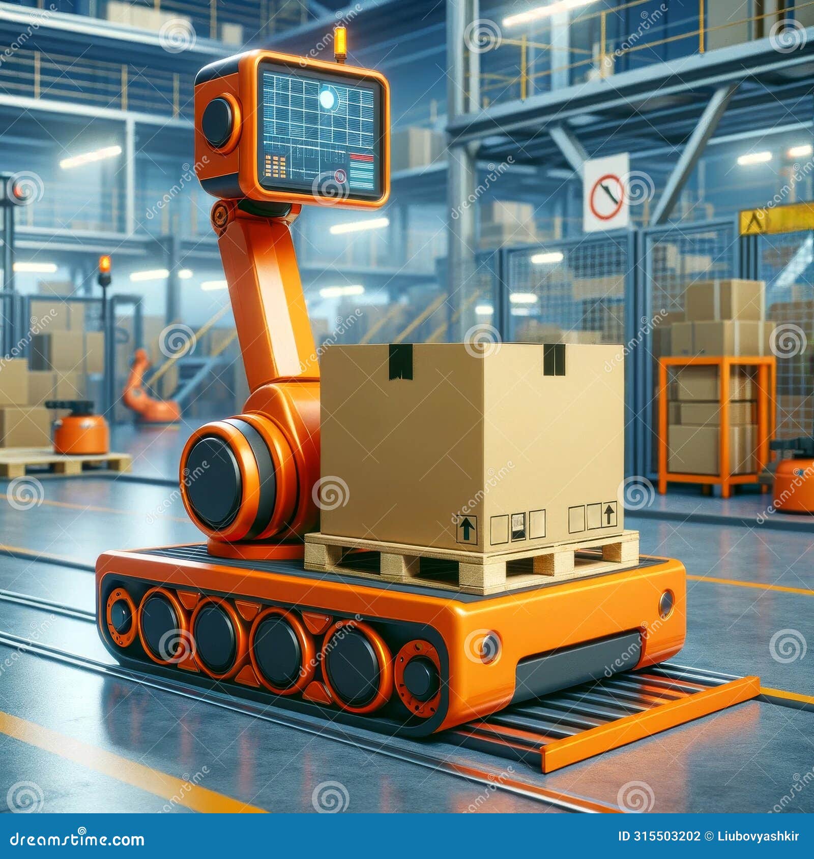 Autonomous Orange Robots with Packages in Futuristic Warehouse Setting ...