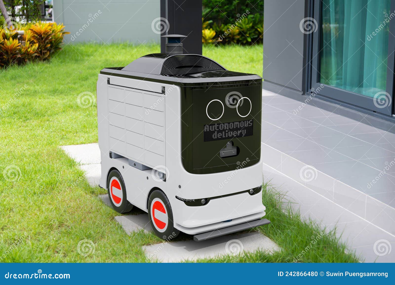 Autonomous Parcel Delivery Robot Parked in Front of Customer House ...