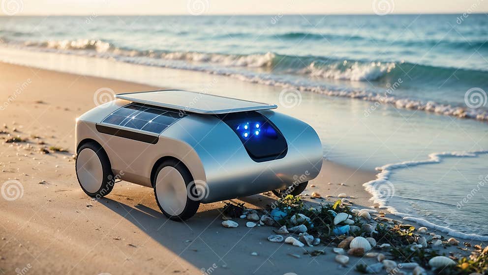 Autonomous Robot Cleaning a Beach Using Solar Energy Stock Illustration - Illustration of ...